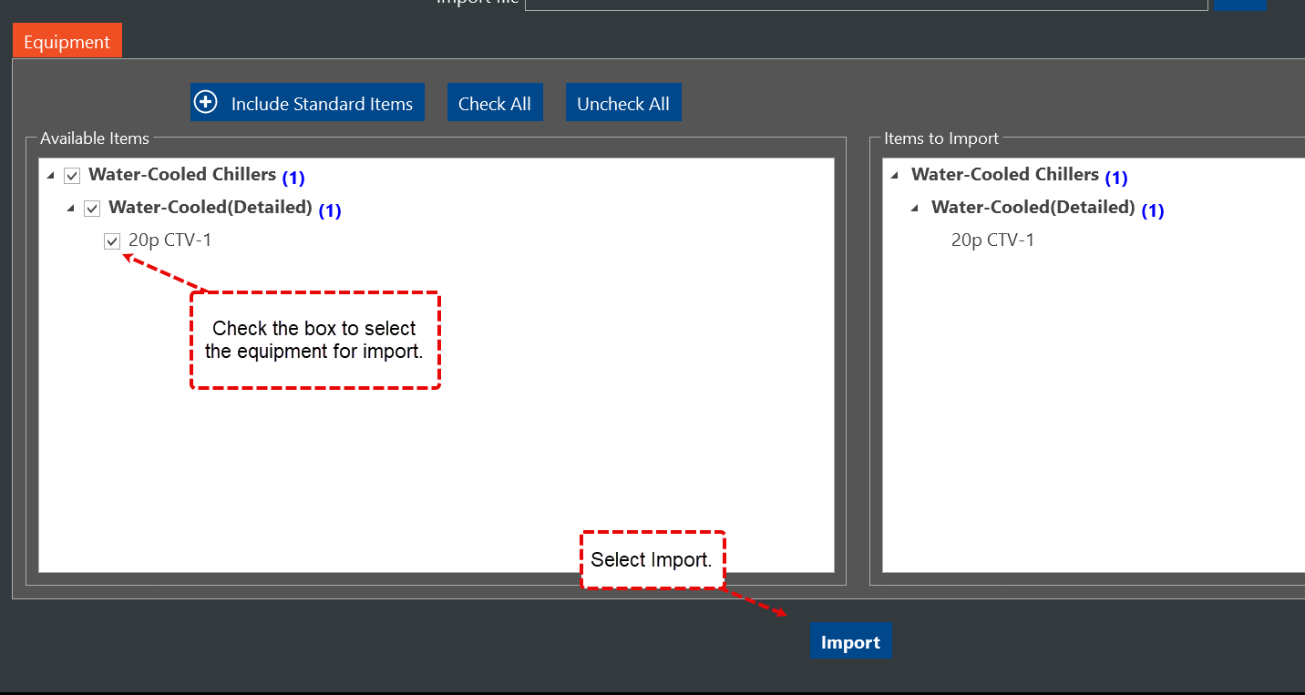 How do I import a Trane Select Assist equipment performance file into ...